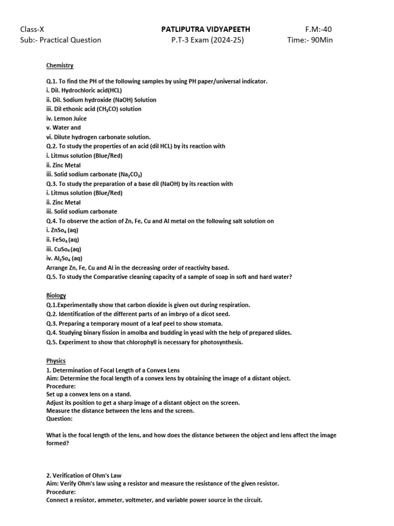10 Pratical Question 2024-25 | PDF | Mirror | Refraction