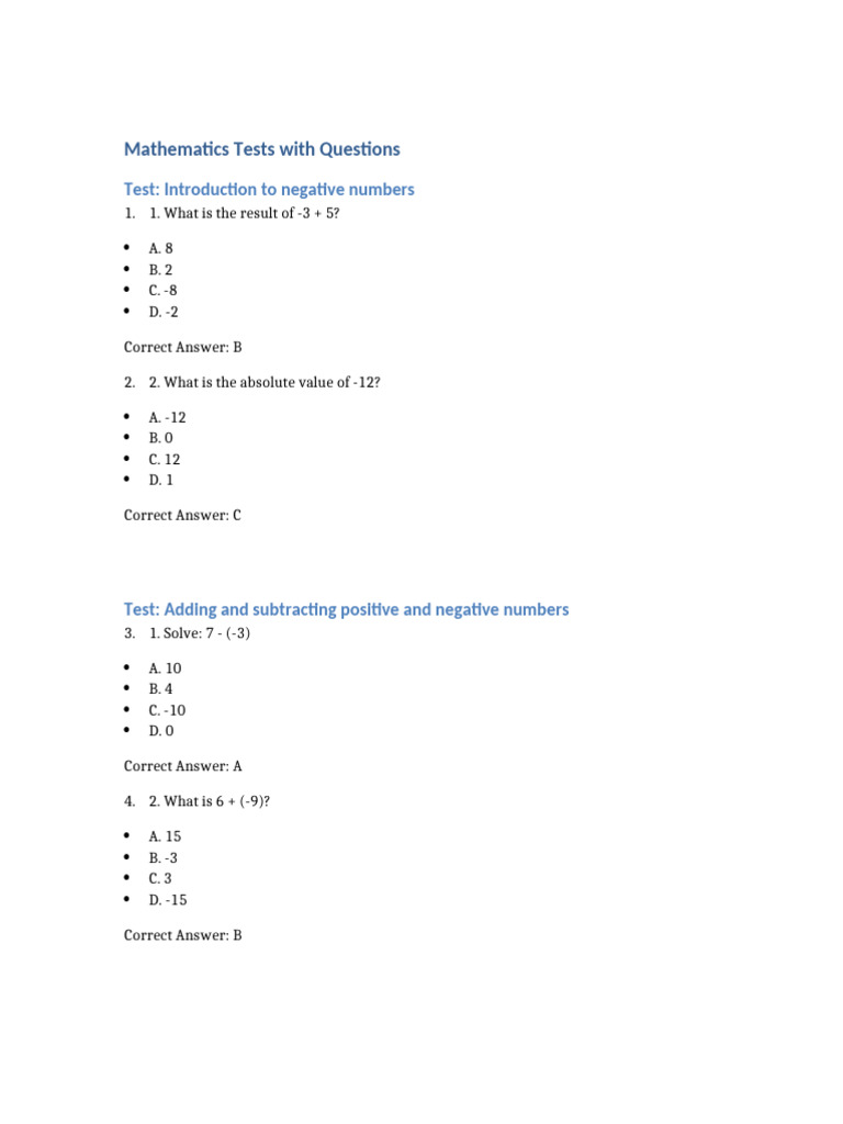 Negative Number Math Tests | PDF