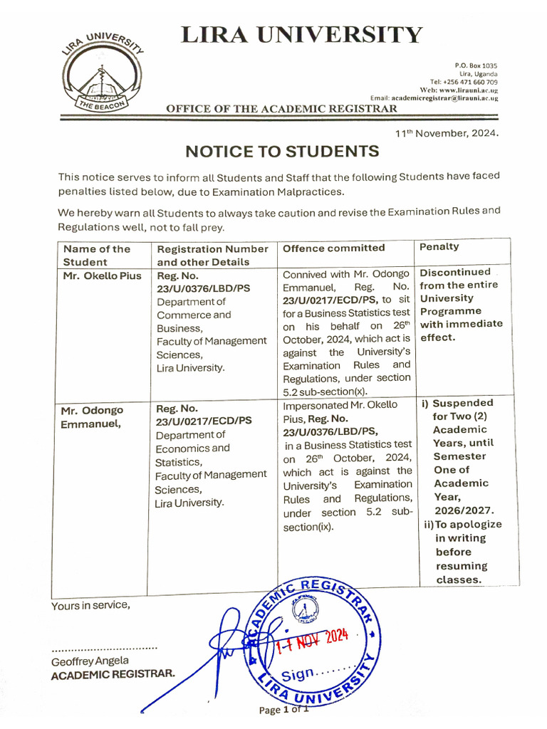 Notice To Students On Examination Malpractice Nov. 2024 | PDF