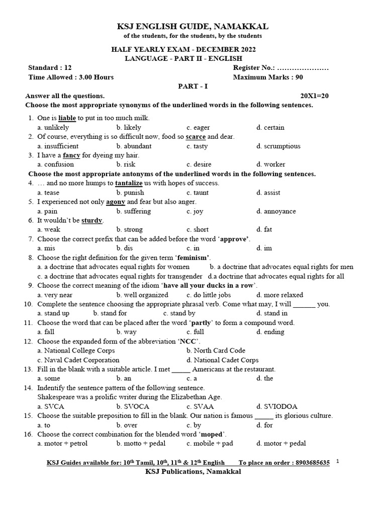 12th English Half Yearly Exam 2022 Model Question Paper PDF Download ...