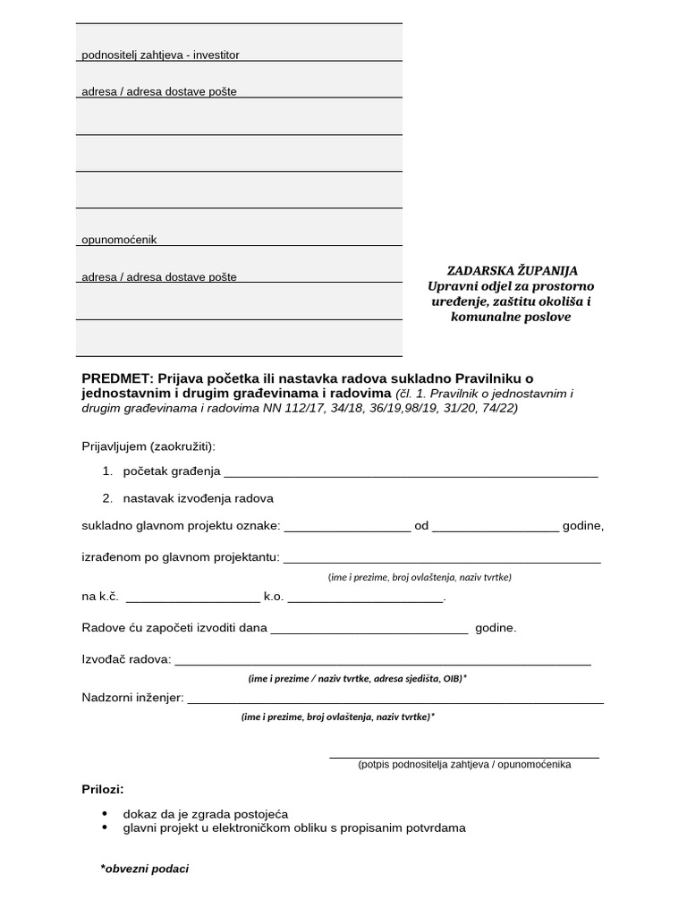 Prijava Početka Ili Nastavka Radova Jednostavne I Druge Građevine I Radovi | PDF