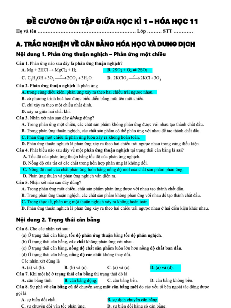 ĐỀ CƯƠNG ÔN TẬP GK1 HÓA 11 | PDF