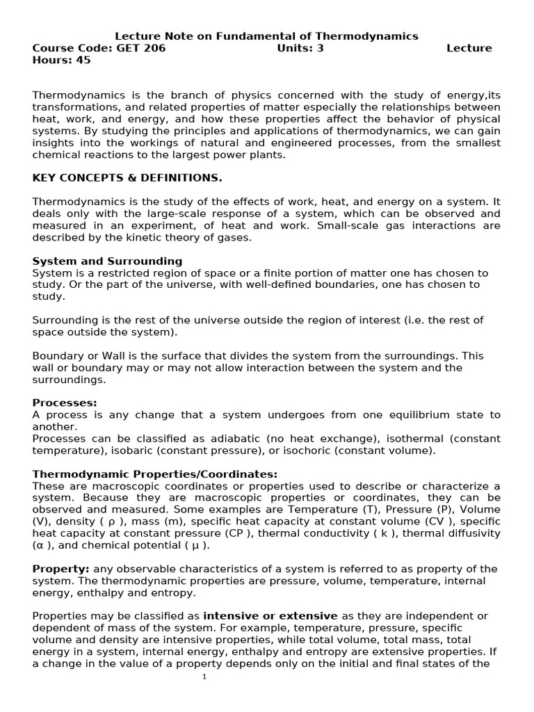 Lecture Note On Fundamental of Thermodynamics - Docx II | PDF | Heat ...