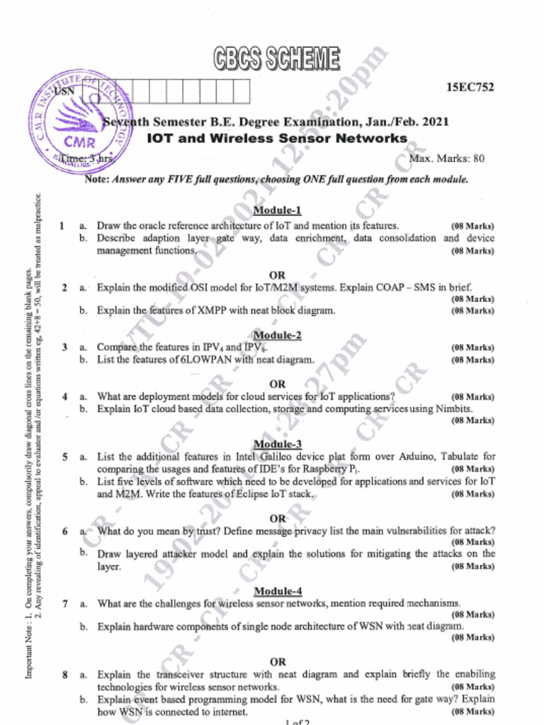 VTU Question Paper of 15EC752 IOT and wireless Sensor Networks Jan-2021 | PDF