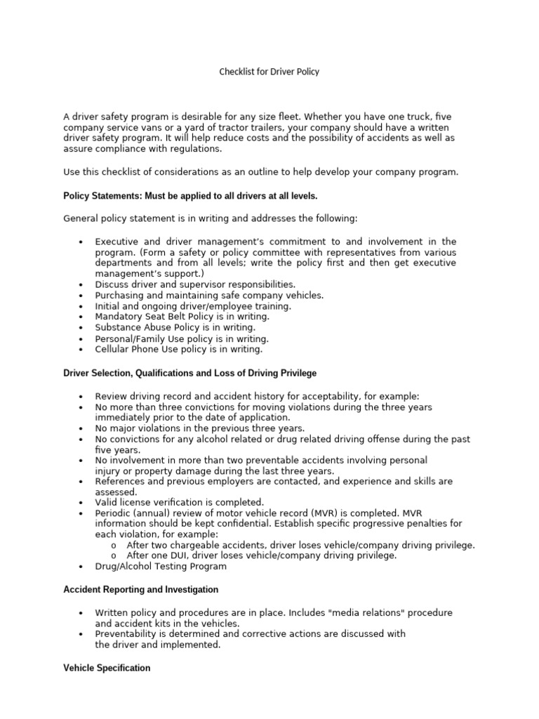 Driver Safety Program Checklist | PDF | Driving | Safety