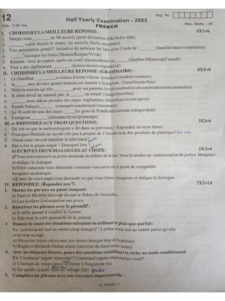 12th French Mid-Term Question Paper 2023 | PDF