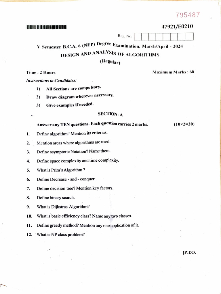 5th Sem March-April 2024 Design and Analysis of Algorithms | PDF | Computational Complexity ...