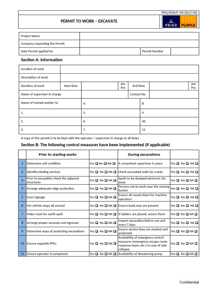 Excavation Work Permit Form | PDF | Occupational Safety And Health | Safety