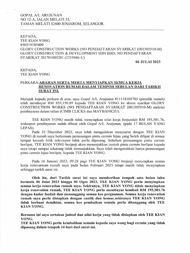 Surat Amaran Kepada Tee Kian Yong (Glory Construction Works, Glory Construction & Development ...
