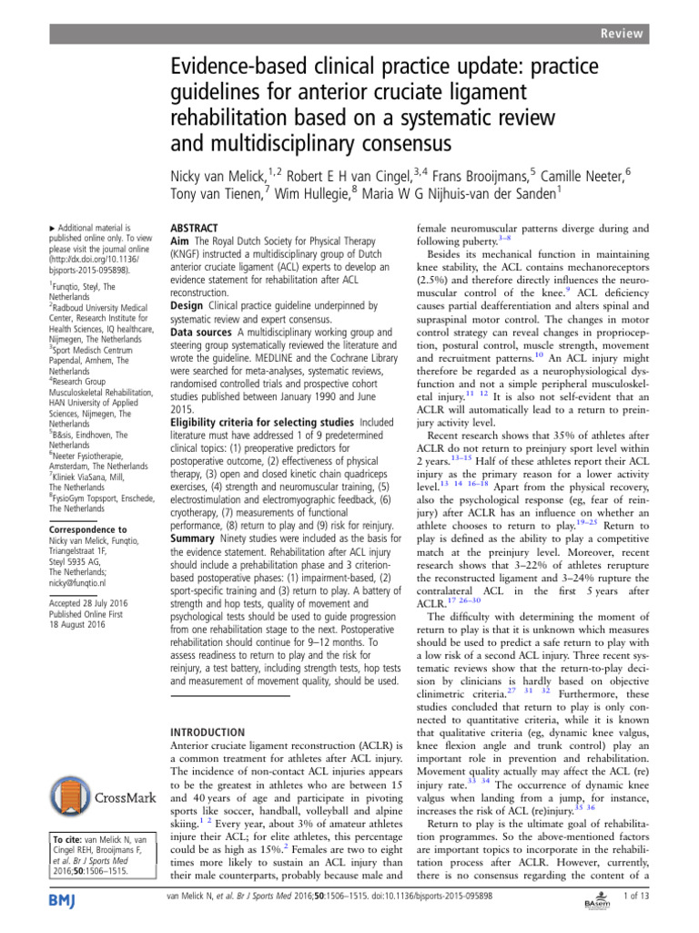 Evidence-based Clinical Practice Update Practice Guidelines for Acl ...