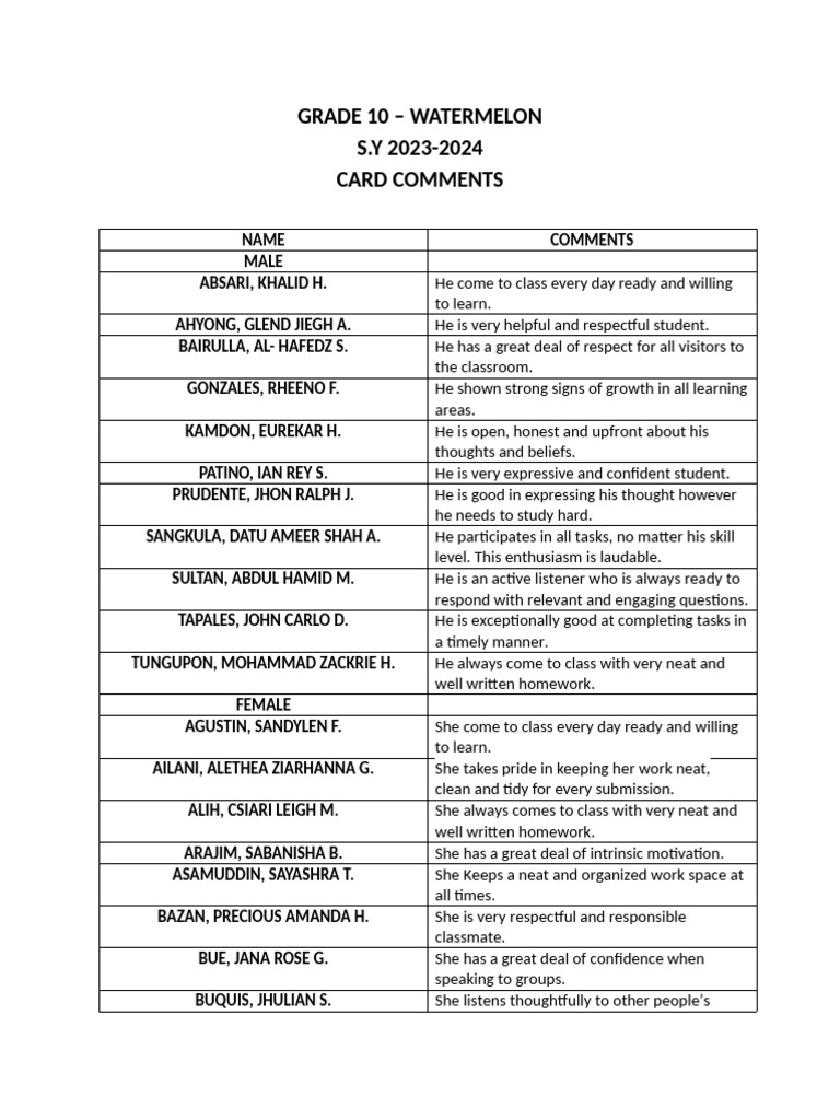 Grade 10 Comments in Card | PDF | Psychological Theories | Applied ...