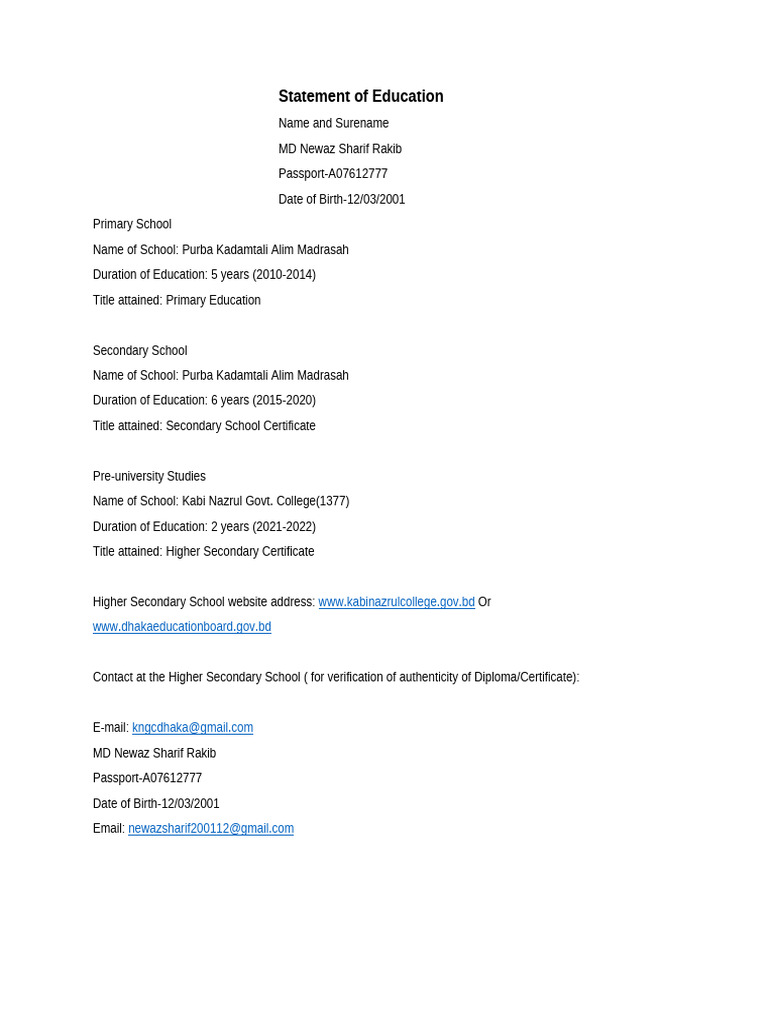 Statement of Education | PDF