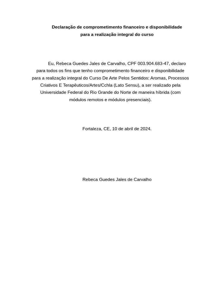 Declaração de Comprometimento Financeiro e Disponibilidade | PDF