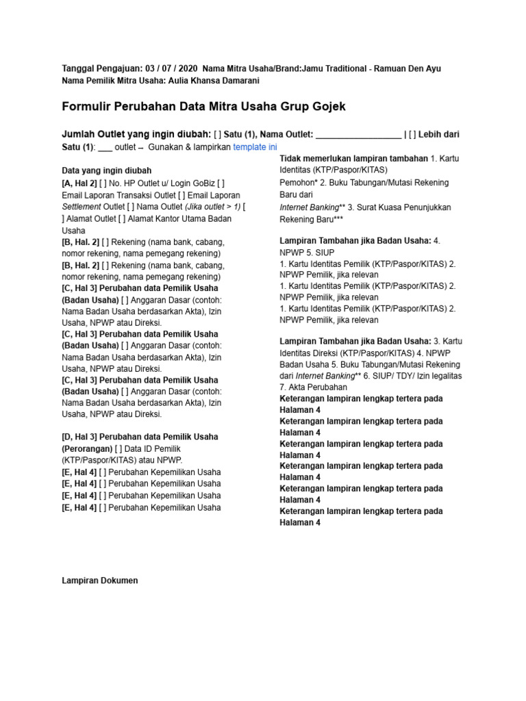 Form - Ubah Data Mitra Usaha Gojek 1911 | PDF