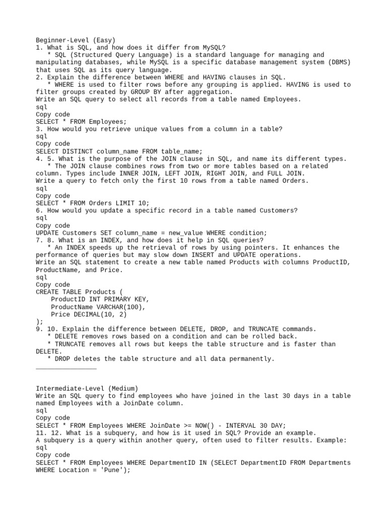 25 SQL Questions as Per JD | PDF | Sql | Database Index