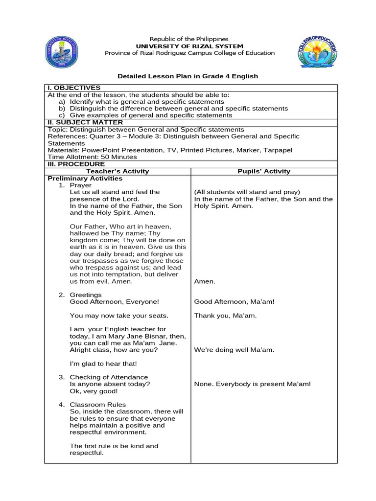Detailed-Lesson-Plan-in-Grade-4-ENGLISH | PDF | Lord's Prayer