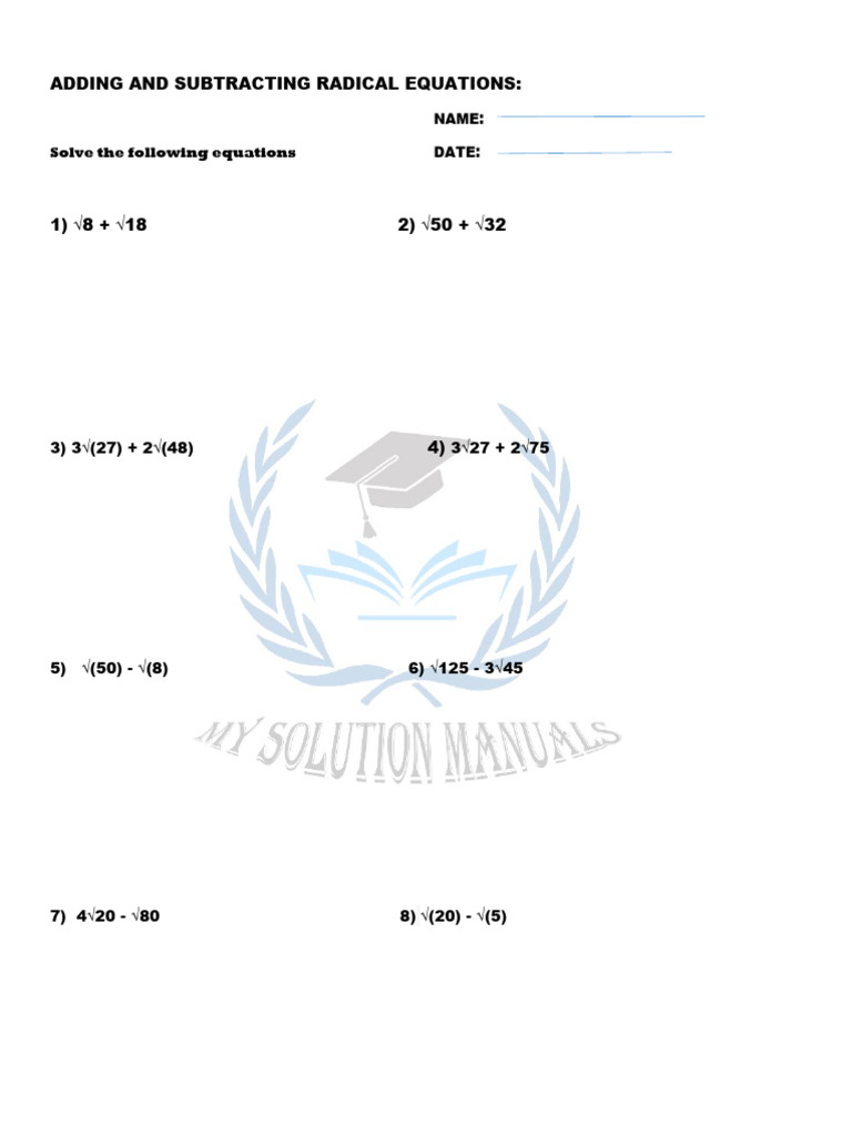 Adding and Subtracting Radical Value Equations Worksheet | PDF