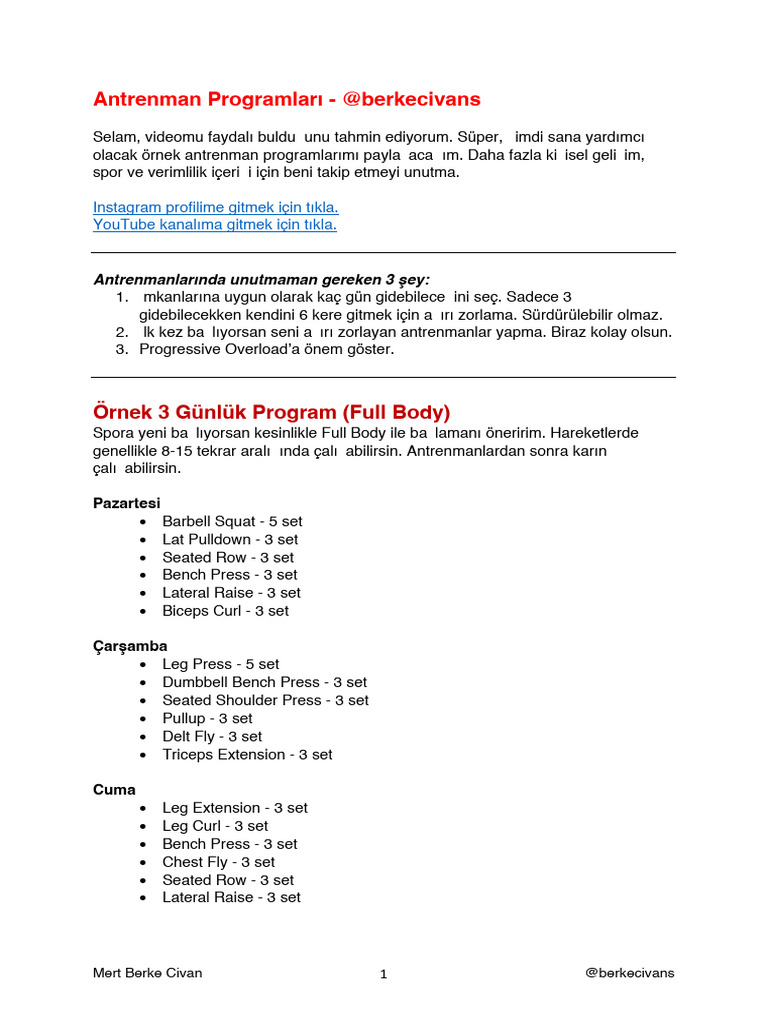 O%CC%88rnek Antrenman Programlar%C4%B1 - @berkecivans | PDF