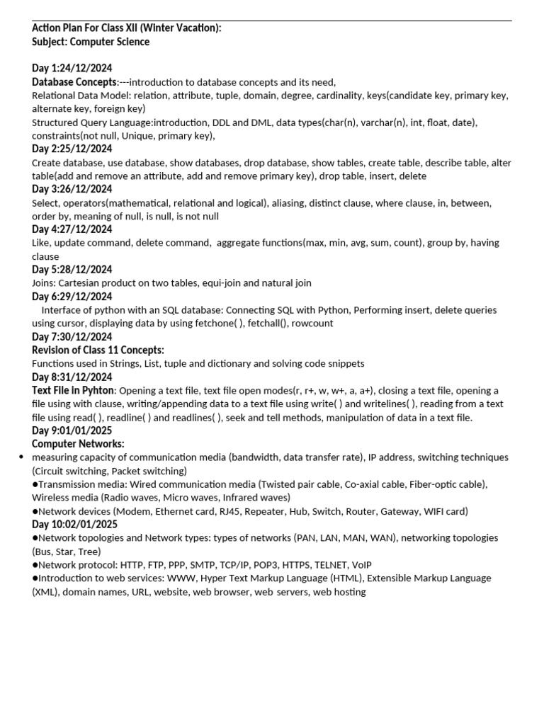 ACTION PLAN CLASS XII | PDF | Computer Network | Relational Model