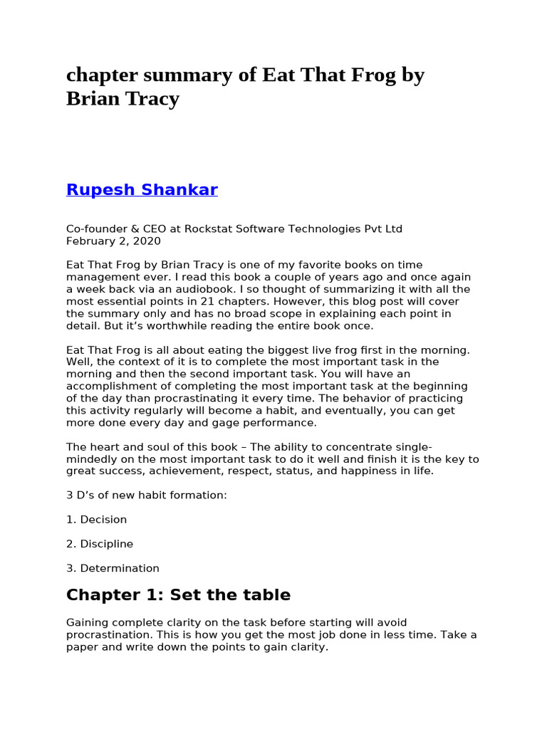 Summary of "Eat That Frog" Insights | PDF | Disciplines | Procrastination
