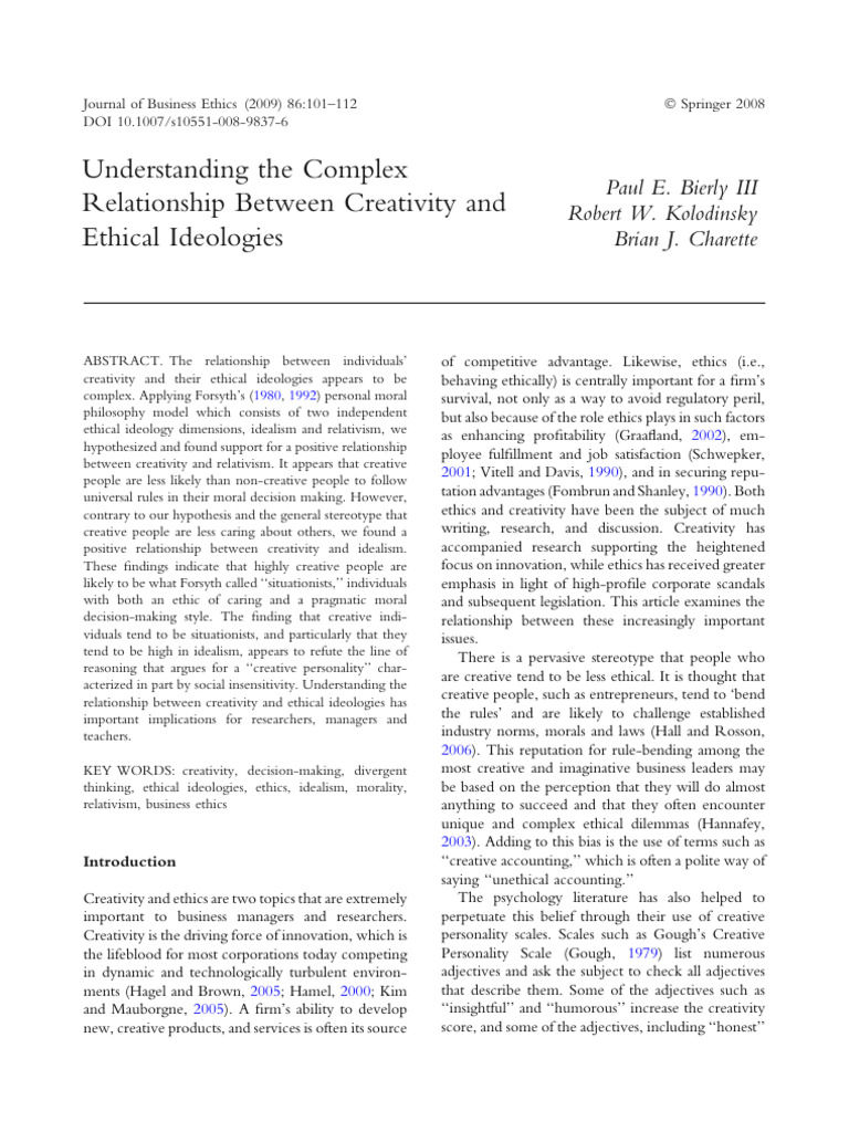 03F Bierly Et Al. 2009 JBE Creativity and Ethical Ideologies | PDF ...