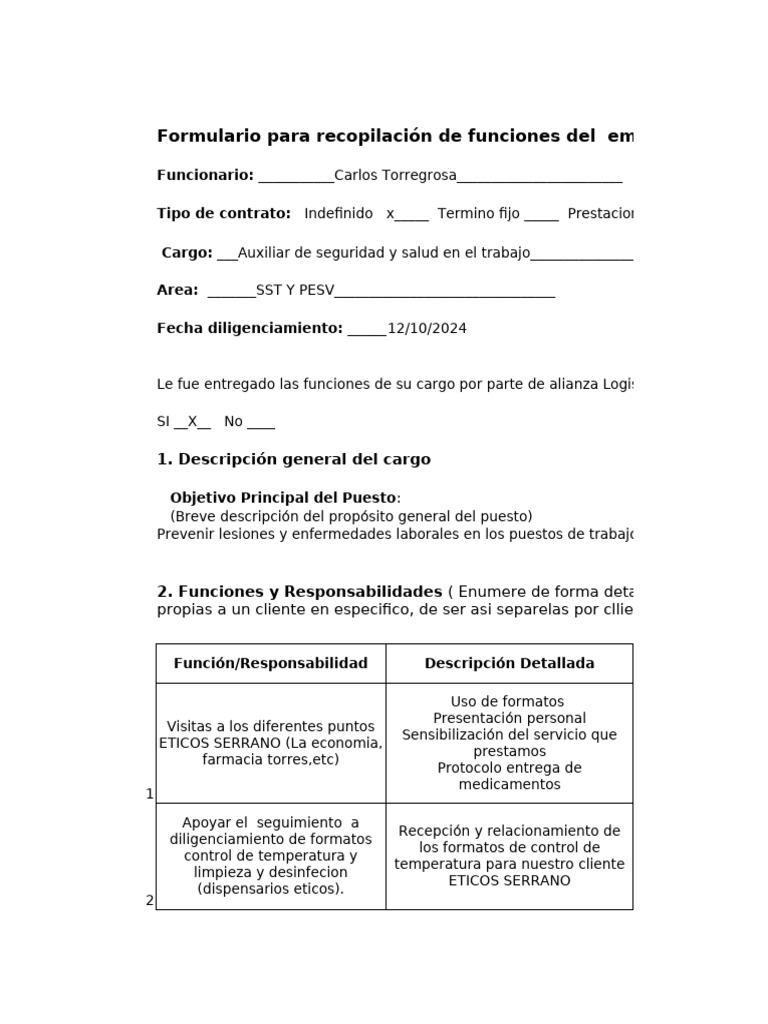 Formato de Funciones de Empleado Carlos Torregrosa | PDF