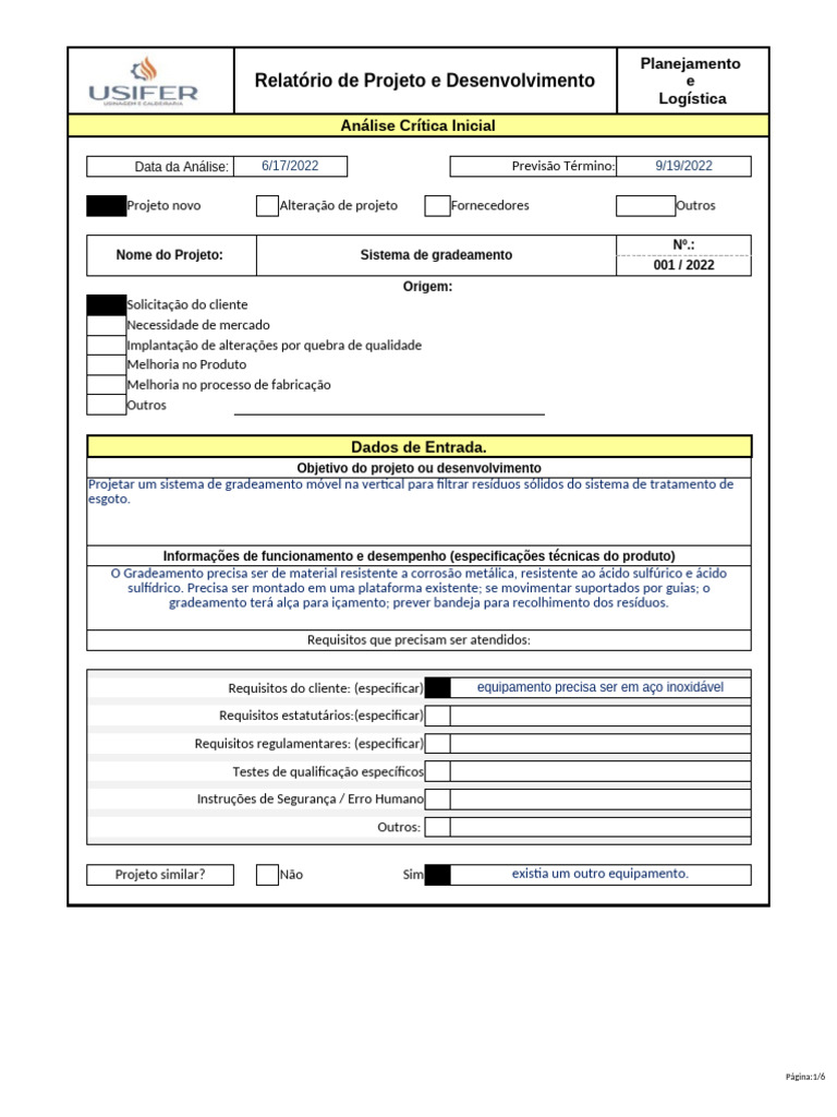 001 - 2022 - Formulário Desenvolvimento de Projetos - Gradeamento | PDF | Logística