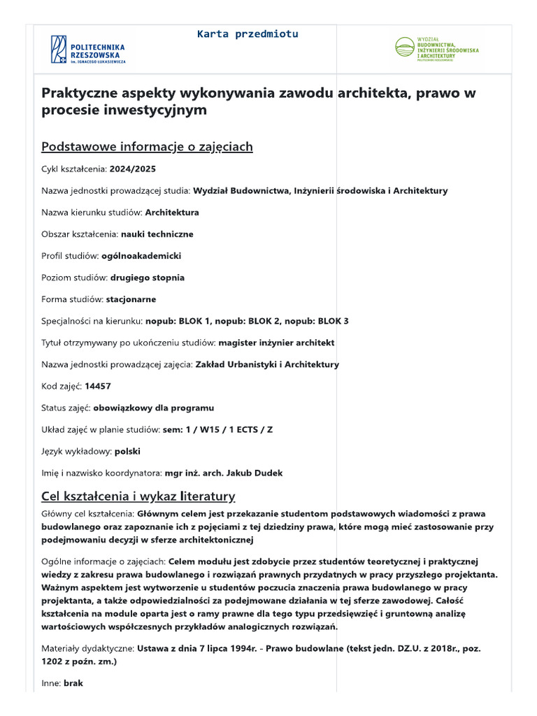 Karta przedmiotu prawo w procesie | PDF