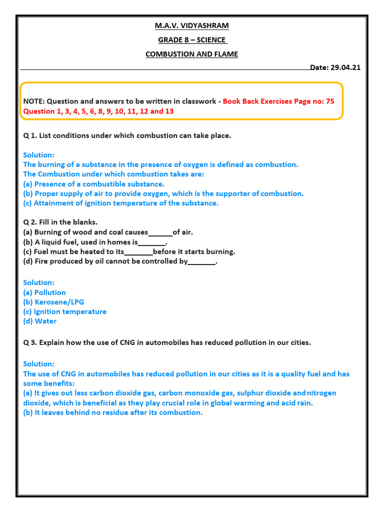 Grade 8 Combustion and Flame Ncert Bookback Questions | PDF ...