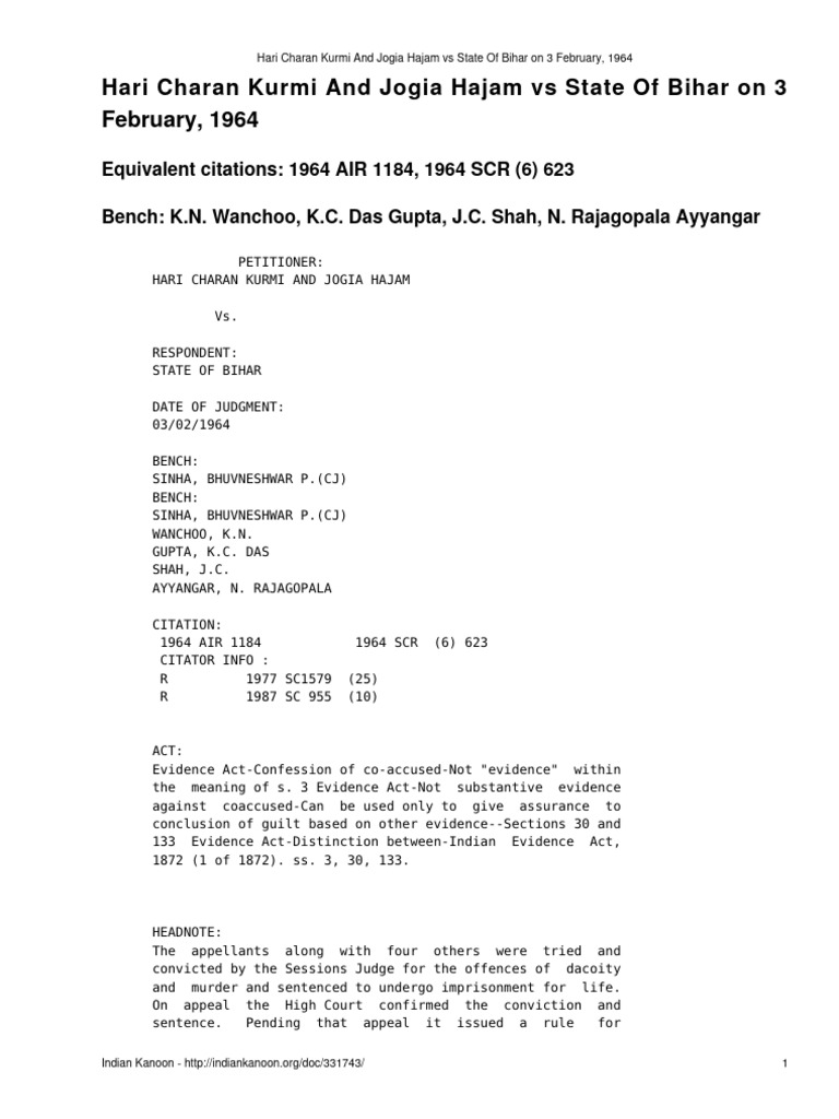 Hari_Charan_Kurmi_And_Jogia_Hajam_vs_State_Of_Bihar_on_3_February_1964-Copy | PDF | Confession ...