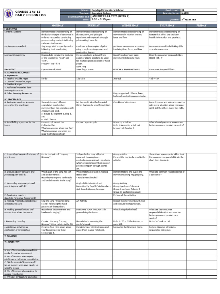 DLL_MAPEH 3_Q3_W7 | PDF | Learning | Teachers