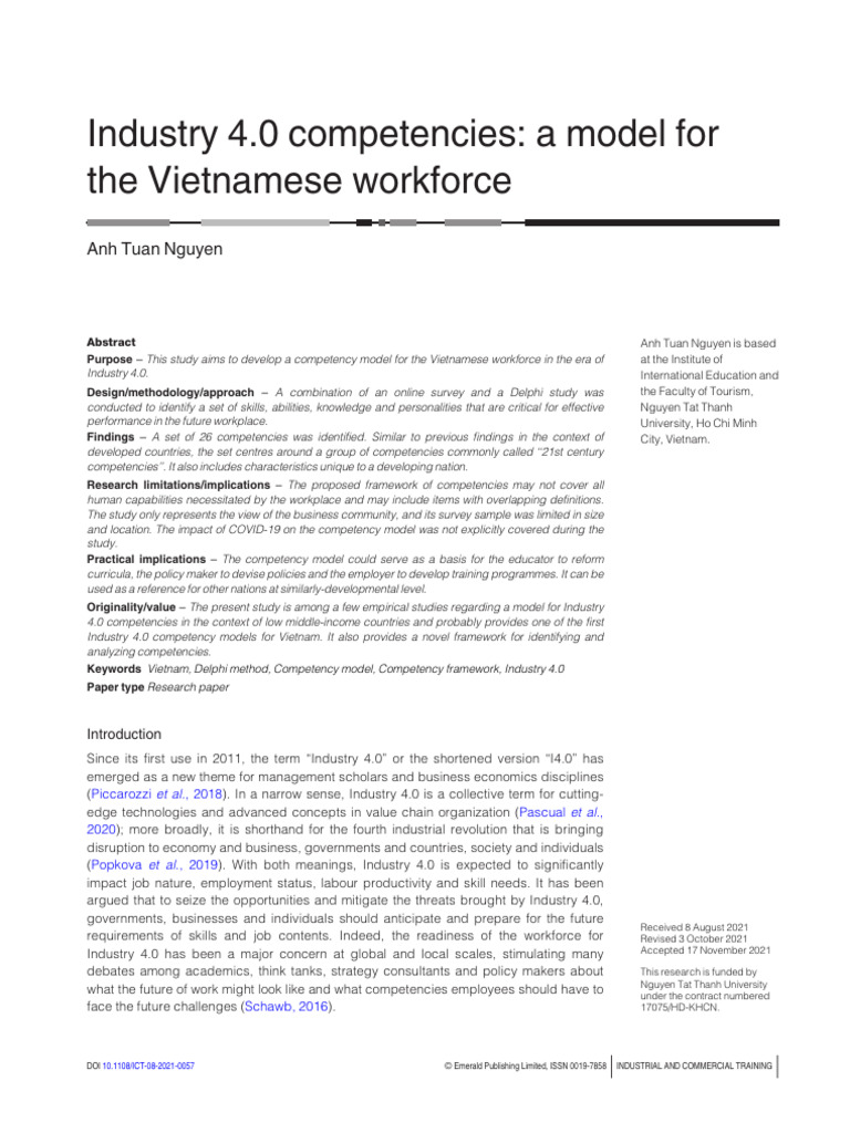 Industry 4.0 competencies: a model for the Vietnamese workforce | PDF ...