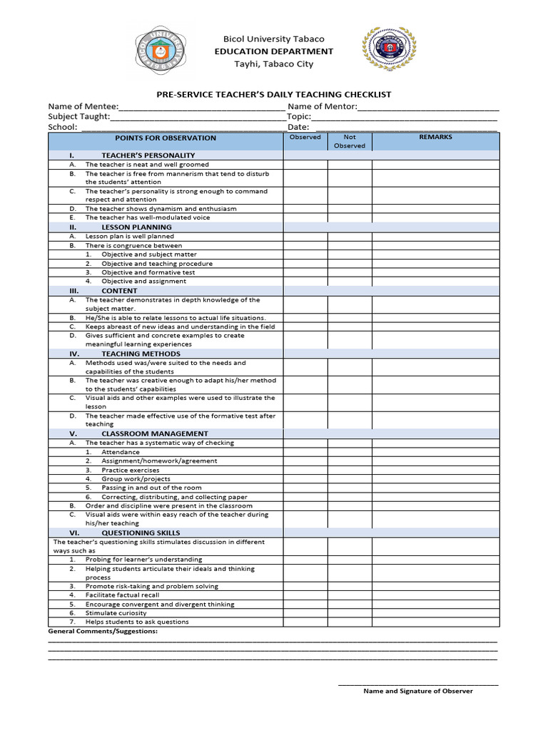 Daily Teaching Checklist | PDF | Teachers | Mentorship