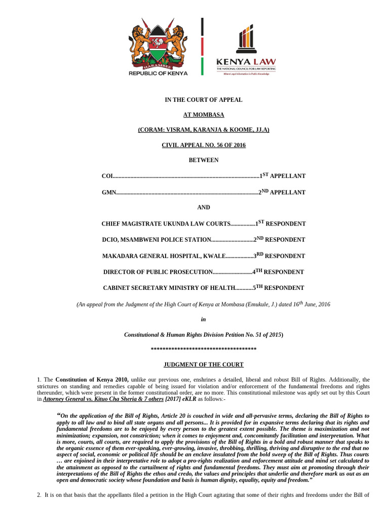 COI Another V Chief Magistrate Ukunda Law Courts 4 Others 2018 EKLR | PDF | Confession (Law ...
