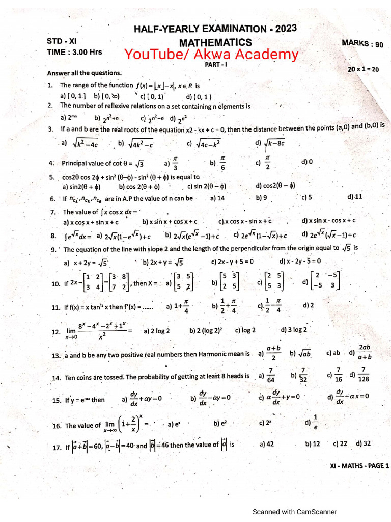 11th Maths Em Half Yearly Exam 2023 Question Paper Tirupattur District