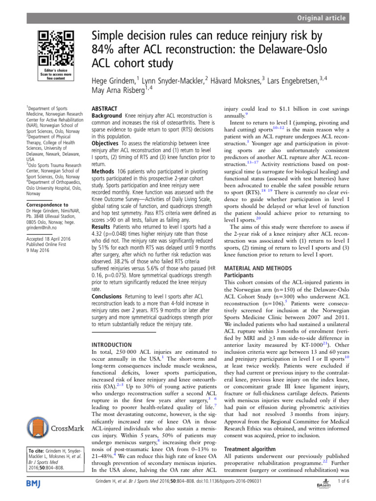 Simple Decision Rules Can Reduce Reinjury Risk by 84PERCENT After ACL Reconstruction | PDF ...