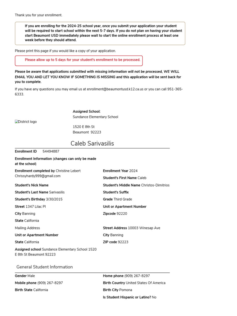 Aeries Online Enrollment Confirmation - Edit | PDF | Kindergarten