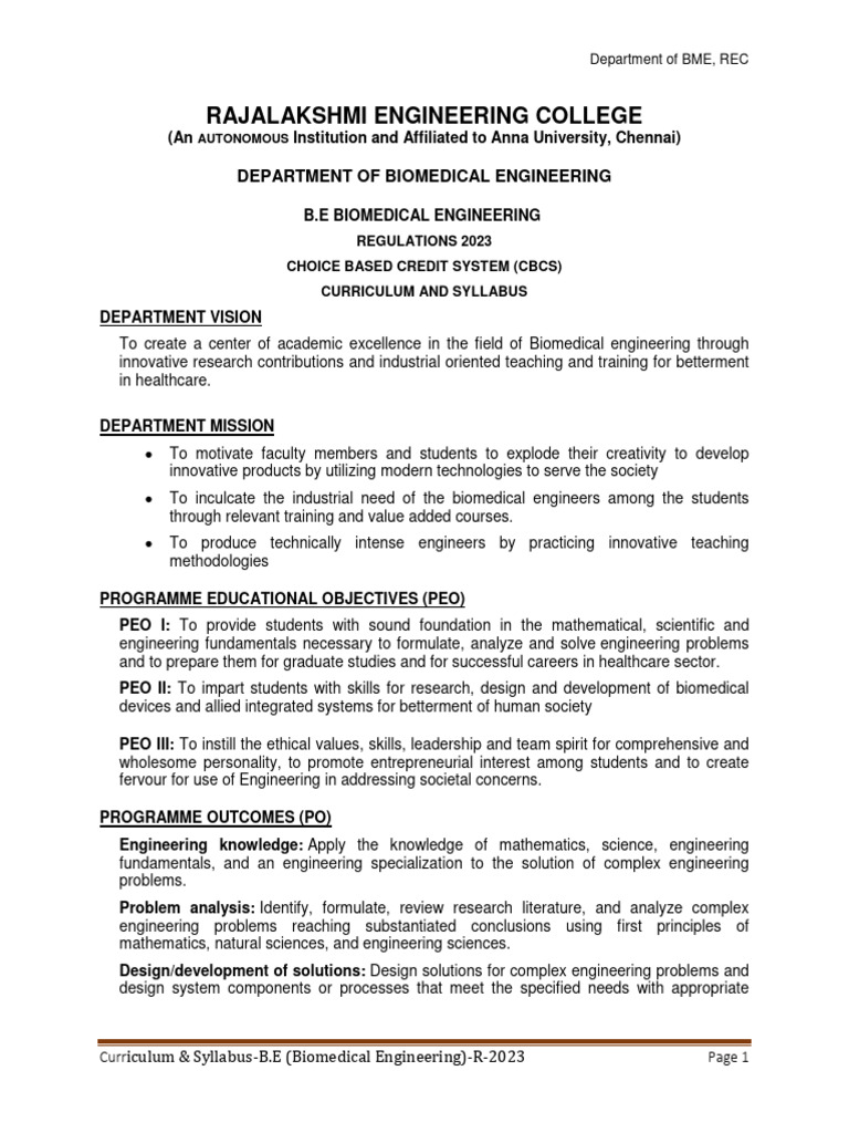 B.E. Biomedical Engineering Curriculum 2023 | PDF | Matrix (Mathematics ...