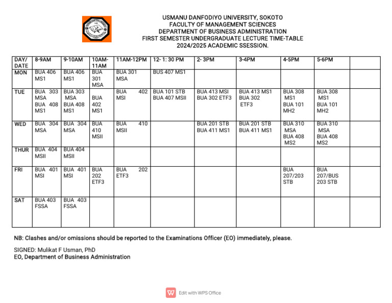Department of Business Admin First Semester Time Table 2024- 2025 | PDF
