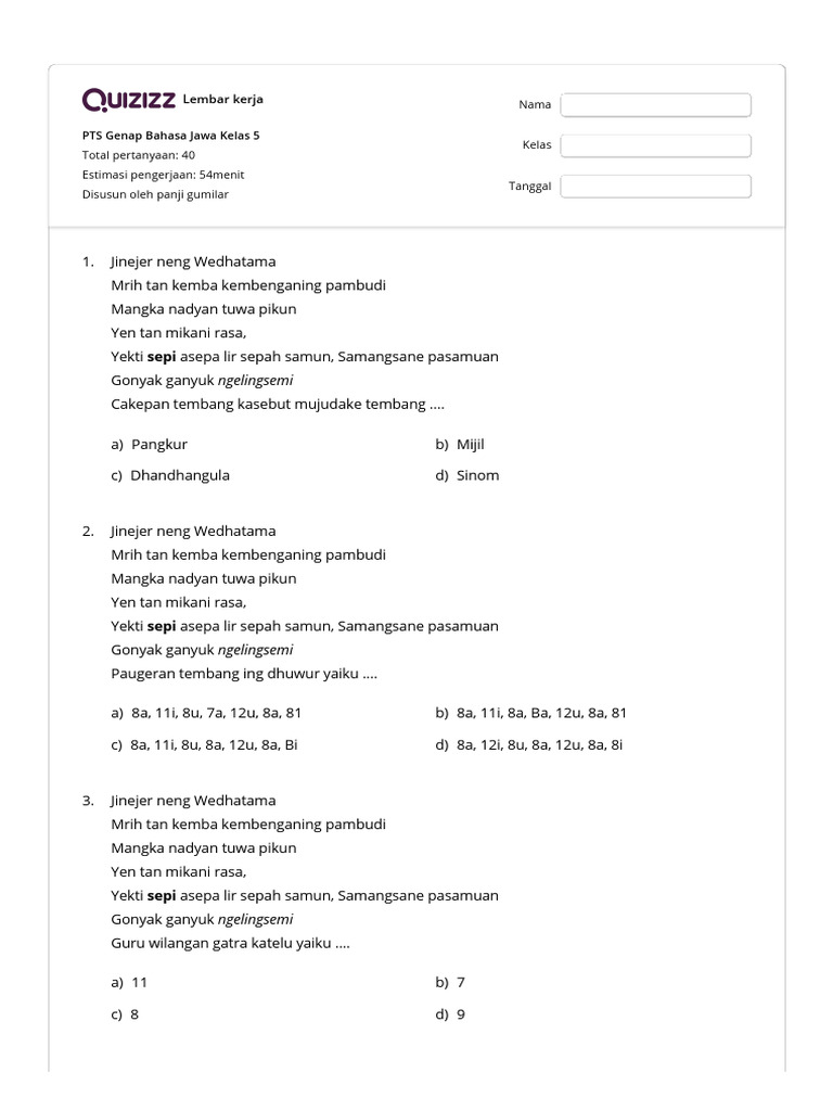PTS Genap Bahasa Jawa Kelas 5 _ Quizizz | PDF