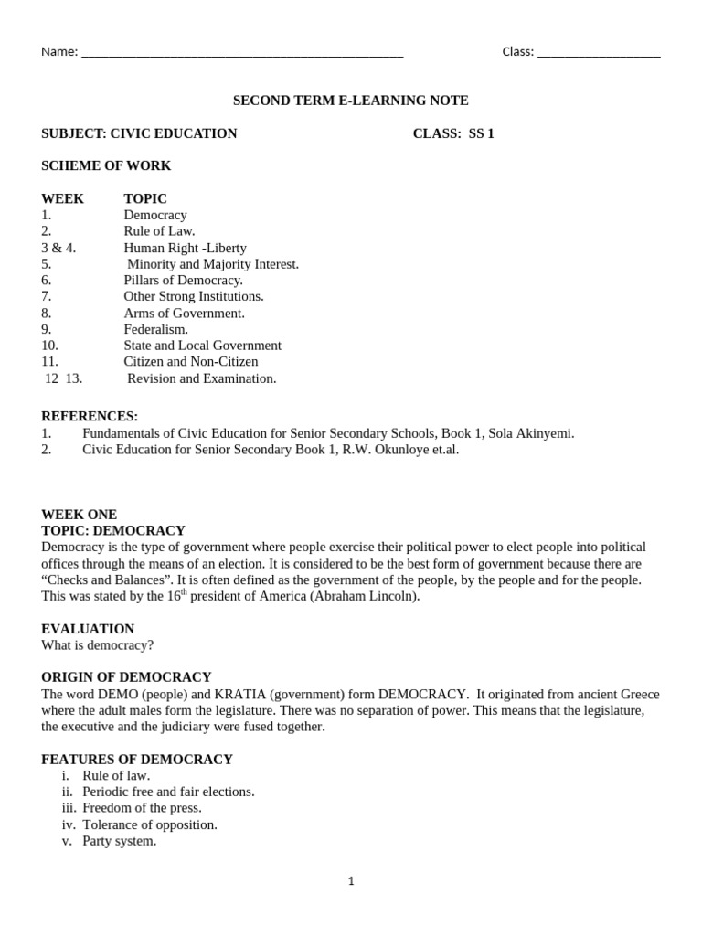 SS1 Civic Education: Second Term Overview | PDF | Rule Of Law | Citizenship
