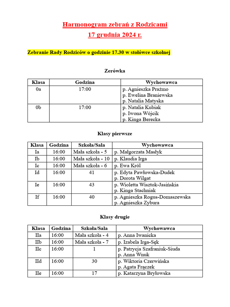 Harmonogram Zebran 1 | PDF