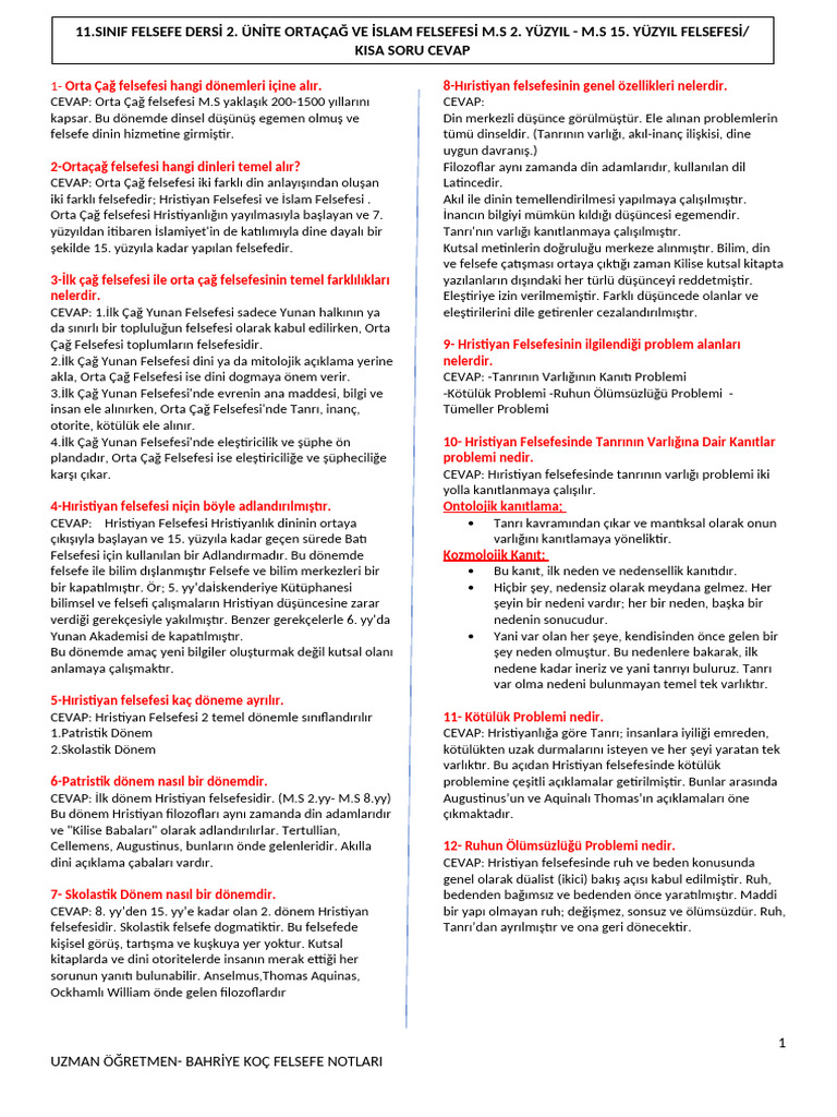 11. SINIF FELSEFE 2. ÜNİTE | PDF