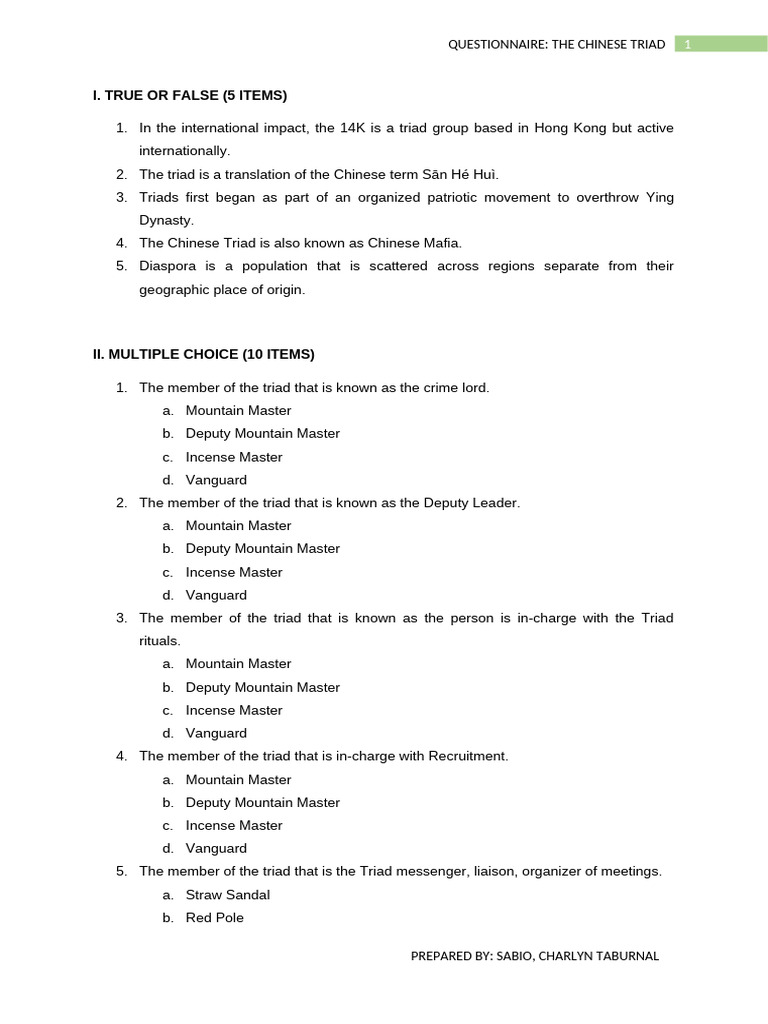 QUESTIONNAIRE THE CHINESE TRIAD | PDF | Secret Societies Related To Organized Crime | Organized ...