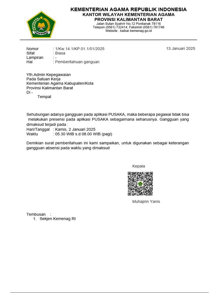 Surat Eror Kamis Pagi Tanggal 2 Januari 2025 | PDF