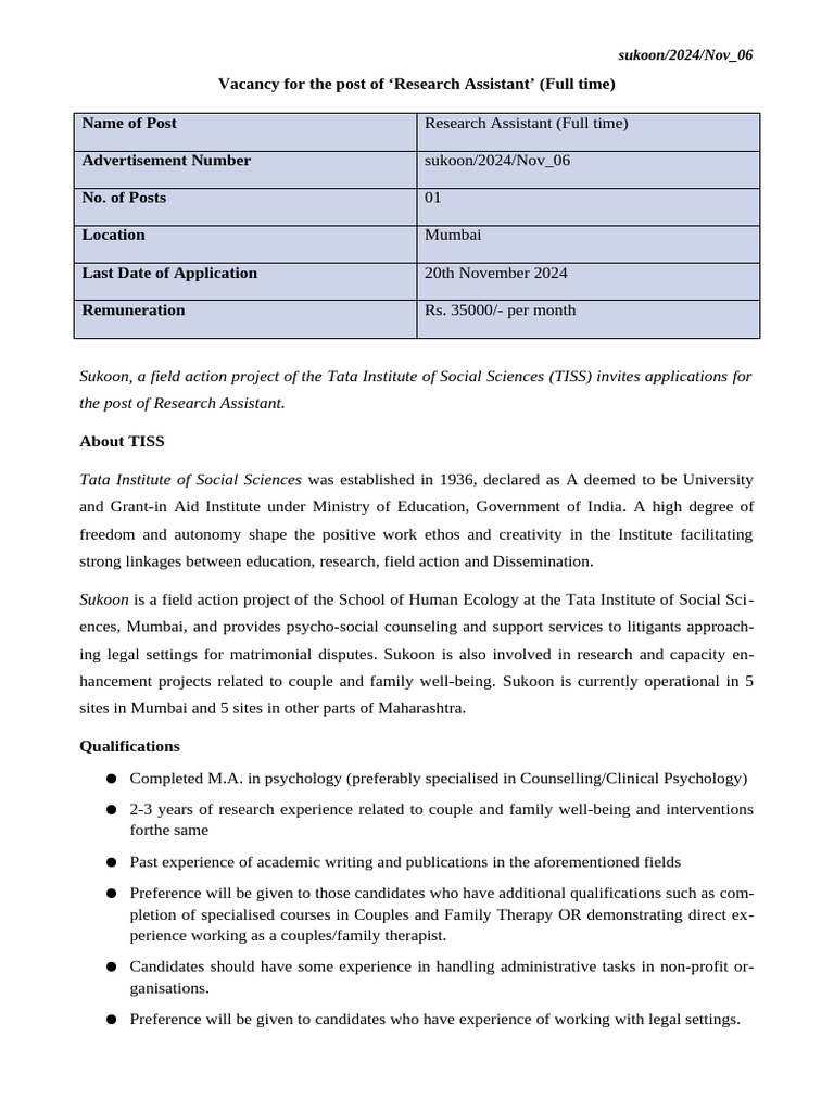 Vacancy For The Post of Research Assistant Full Time | PDF | Psychology ...
