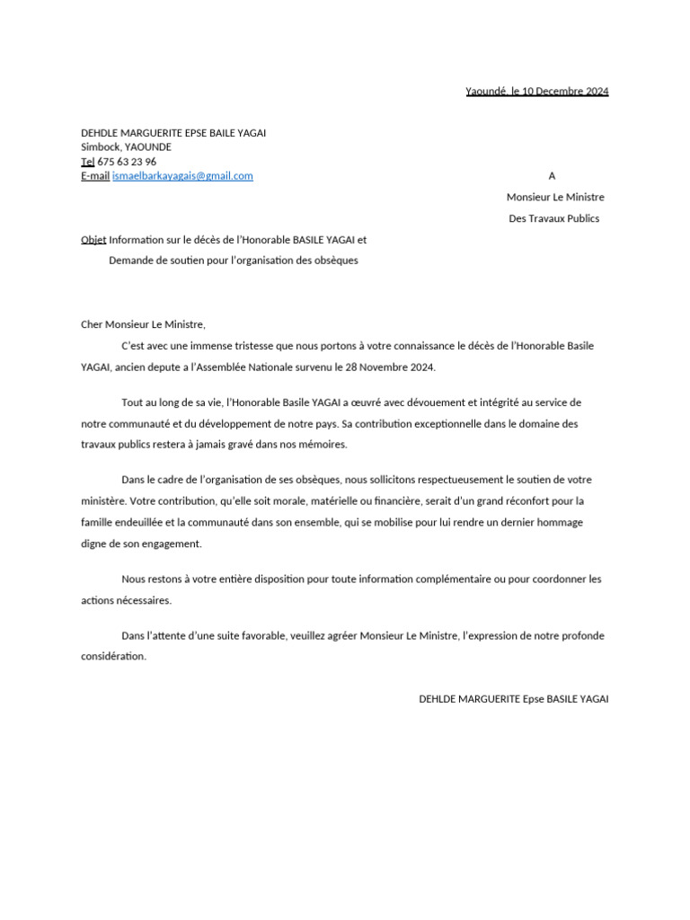 Décès de l'Honorable Basile Yagai | PDF