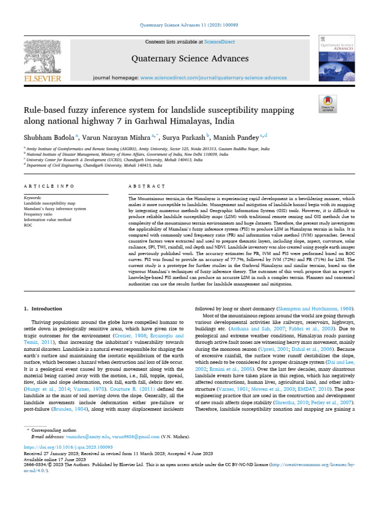 BADOLA Et. Al. (2023) - Rule-Based Fuzzy Inference System For Landslide Susceptibility Mapping ...