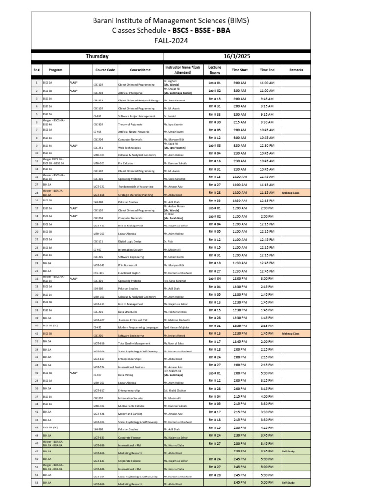 Fall 2024 Class Schedule BIMS | PDF | Mathematics | Computing