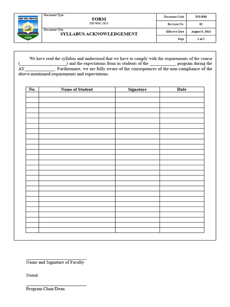 Syllabus Acknowledgement Form | PDF